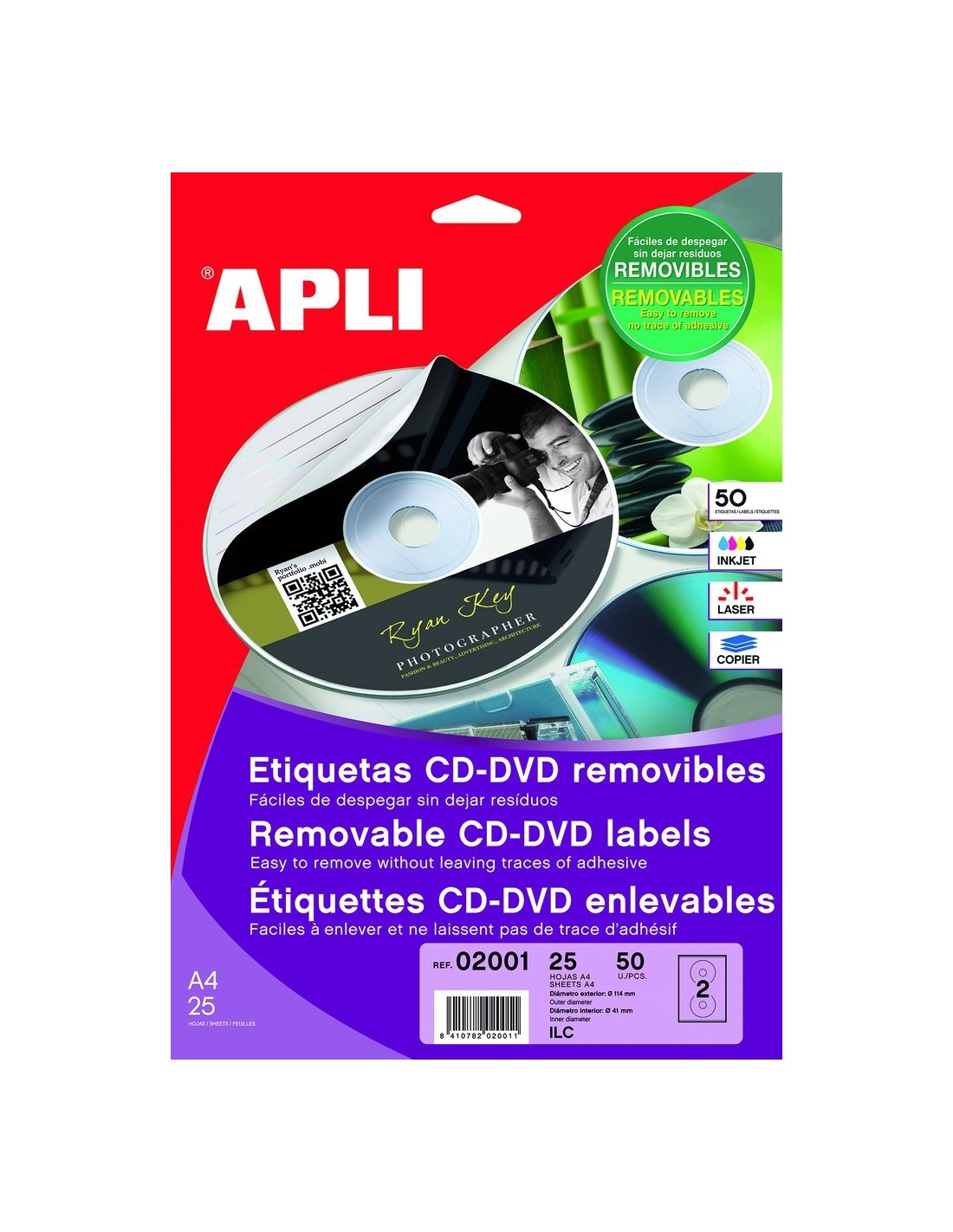ETIQUETAS APLI CD/DVD MEGA 02001 REMOVIBLE 25 HOJAS